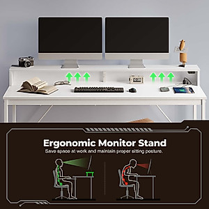 Rolanstar Computer Desk 39 inch with LED Lights & Power Outlets, Home Office Desk with Monitor Shelf, Gaming Desk, Writing Desk, Study Desk for Student & Kids, White
