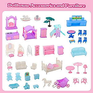 UNIH Doll House Girls Toys,4-Story 11 Rooms Playhouse with 2 Dolls Toy Figures with Light,Accessories, Furniture Pretend Play Toys for 3 4 5 6 7 Year Old Girls