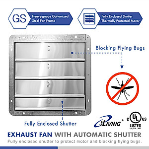 iLIVING 16" Wall Mounted Shutter Exhaust Fan, Automatic Shutter, with Thermostat and Variable Speed controller, 0.85A, 1200 CFM, 1800 SQF Coverage Area Silver (ILG8SF16V-ST)