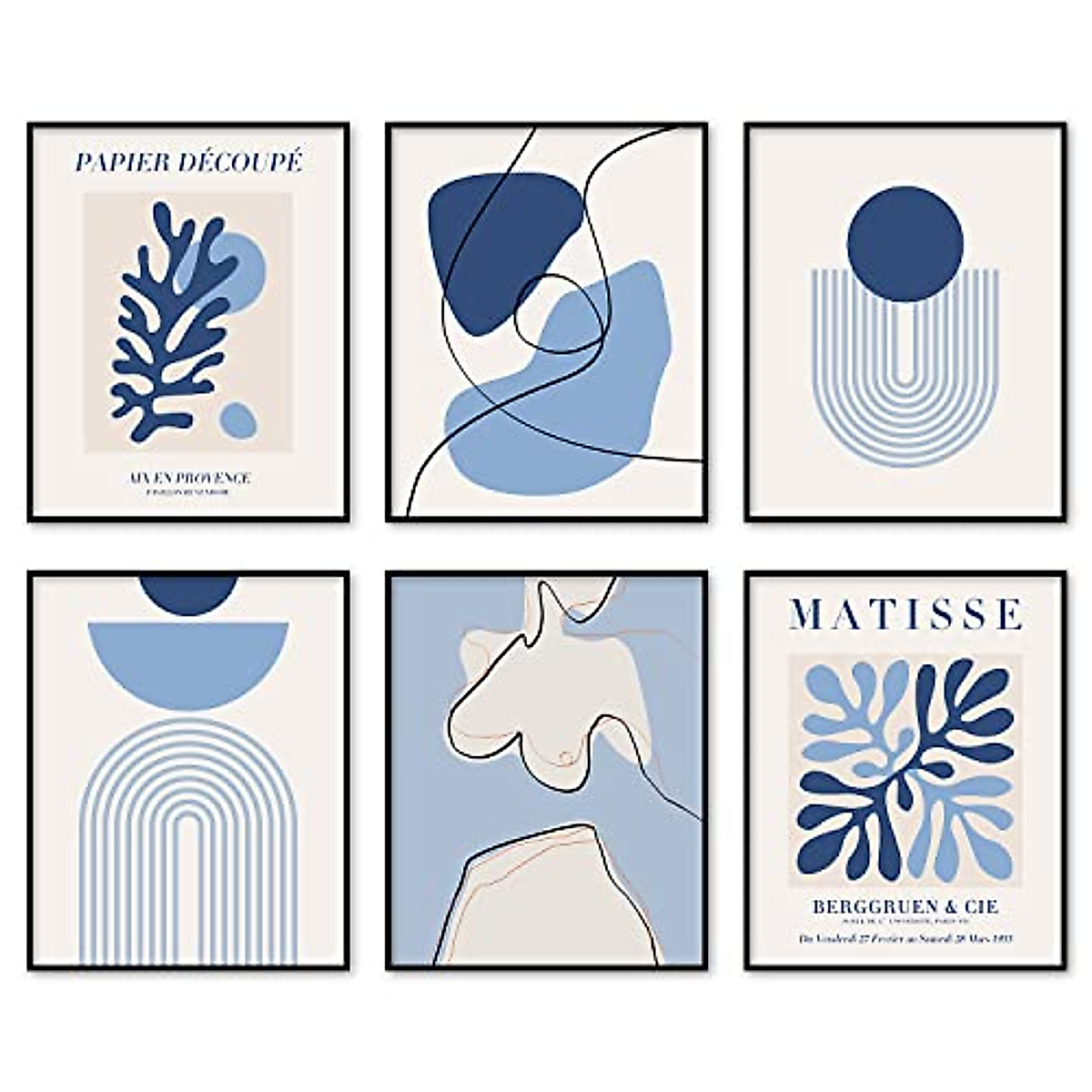 Matisse Wall Art Prints Set of 6 Matisse Prints, Minimalist Boho Wall Art, Abstract Matisse Poster, Mid Century Modern Wall Art, Aesthetic Posters, Boho Wall Decor (Blue, 8x10 in UNFRAMED)