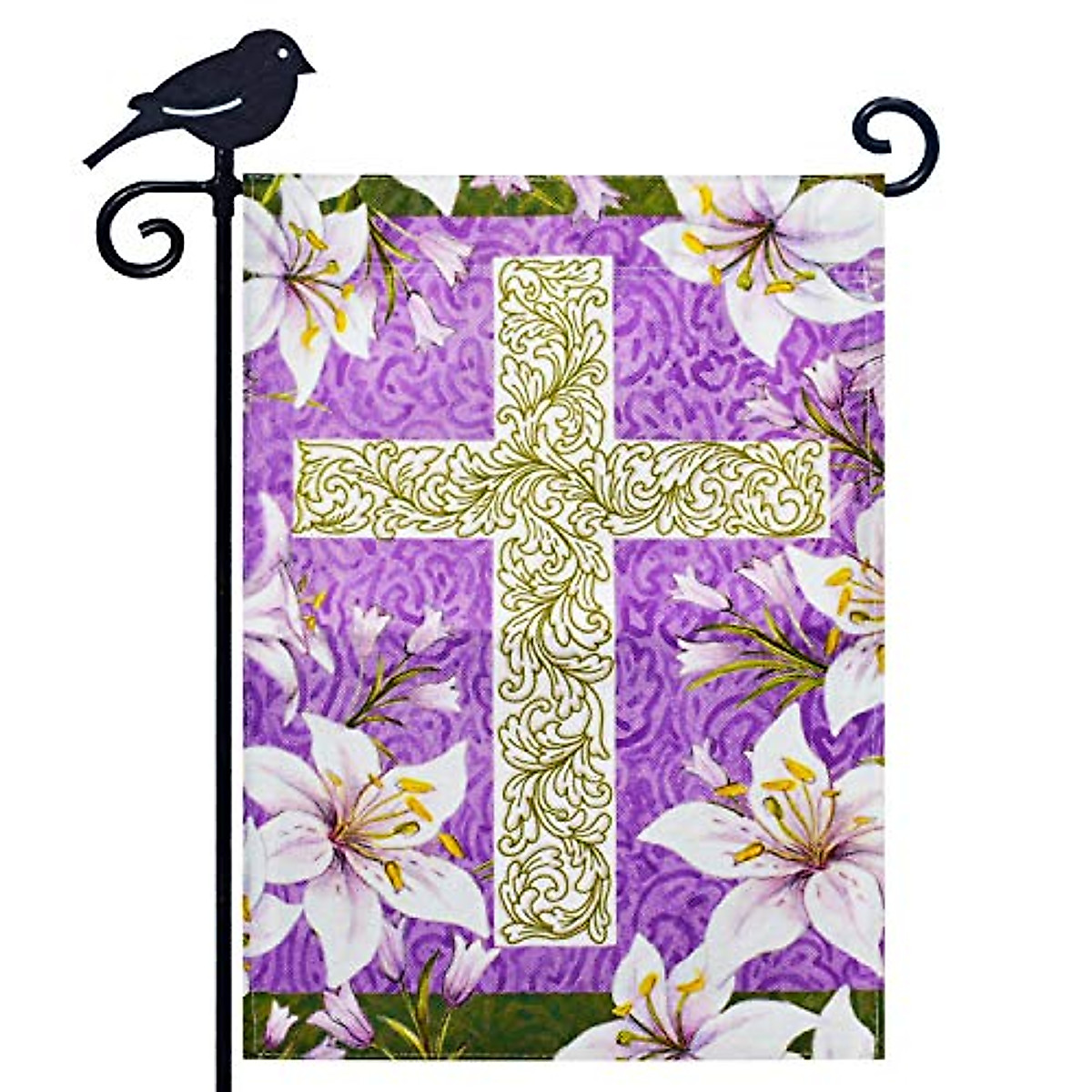 LAYOER Burlap home Garden Flag Easter Lilies 12.5x18 Inch Double Side Cross Religious Spring Flowers yard Outdoor banner