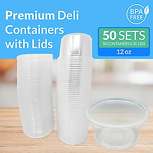 Reli. Deli Containers with Lids (50 Sets), 12 oz | Plastic Deli Containers with Lids 12oz | Clear Soup Containers with Lids, Disposable | To Go Food Storage Containers for Deli, Food, Soup (12 ounce)