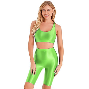 YiZYiF Women Glossy 2 Piece Set Yoga Crop Top Shorts Set Outfits Sleeveless Tracksuit Workout Set Fluorescent Green X-Large