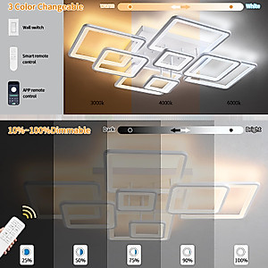 Shine LUEST Modern Dimmable LED Ceiling Lights, White Flush Mount Light Fixtures with Remote Control, Large Square 8-Ring Lamps for Living Room, Bedroom, 100W