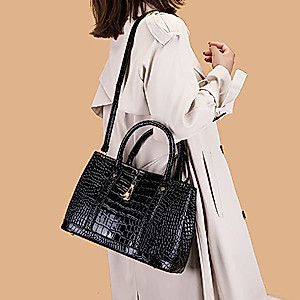 Retro Messenger Lock Bag Fashion Shoulder Handbags Three-piece Bags Crocodile Pattern Purses Female Top Handle Tote (Black)