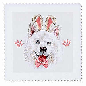 3dRose Happy Samoyed Dog with a Big Smile for Easter in Bunny Ears - Quilt Squares (qs-378969-2)