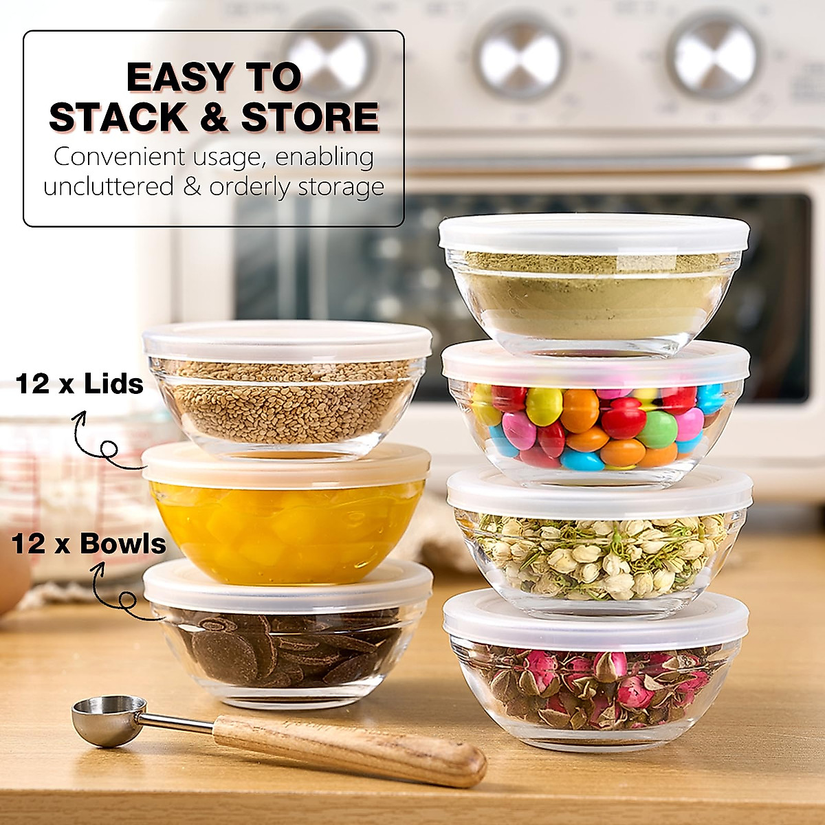 12 Pack 3.5 Inch Small Glass Bowls with 12 Pack Lids, 4 oz Mini Glass Containers, Ramekins, Pinch Bowls, Condiment Containers, for Prep, Dips, Nuts, Snacks, Candy Meal Prep Bowls, Dessert Bowls