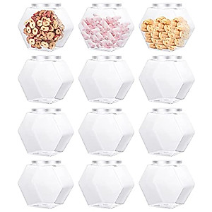 Merkaunis 12PCS Hexagon Plastic Jars Clear Candy Jar Plastic Cookie Jars with Airtight Lids Plastic Jar with Lid Wide Mouth Reusable Containers Bulk Coffee Candy Display for Gifts and Storage (30 oz)