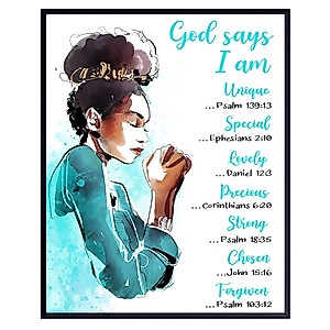 Bible Verse Wall Art & Decor - African American Women - God Says You Are - Inspirational Motivational Poster - Religious Christian Scripture Encouragement Gifts - Black Girls Bedroom - Blue - 8x10