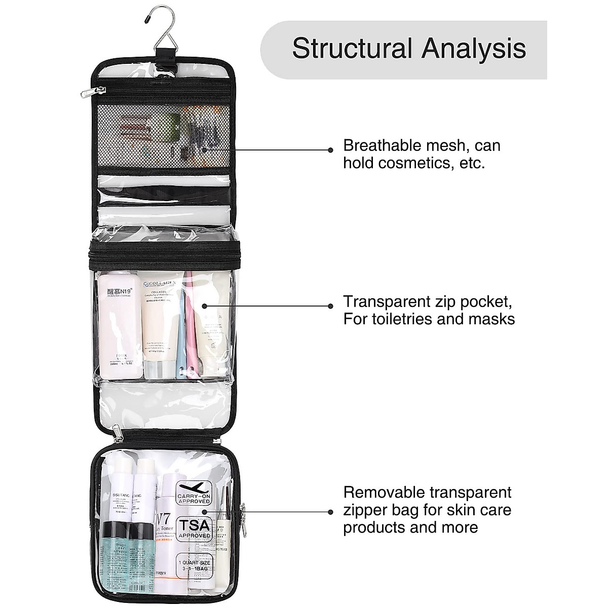 Relavel Hanging Toiletry Bag TSA Approved Clear Toiletry Bag for Women and Men 2 in 1 Removable TSA Liquids Travel Bag Waterproof Carry On Airline 3-1-1 Compliant Bag Quart Sized Luggage Pouch (Clear)