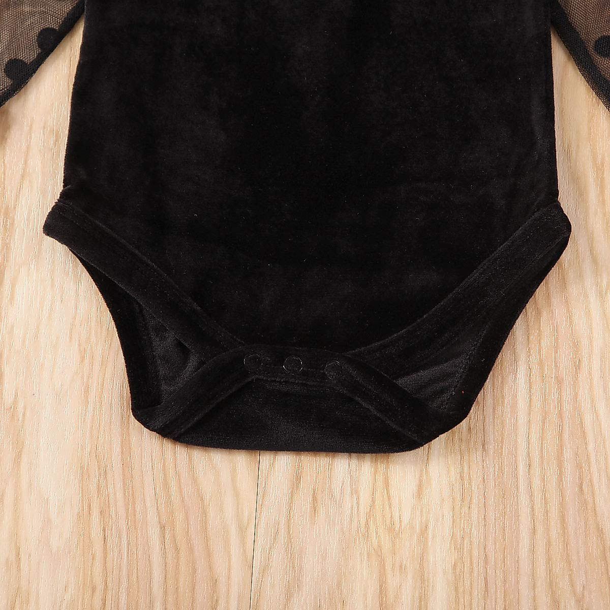Hebuket Toddler Baby Girl Velvet Romper Long Sleeve Lace One Piece Jumpsuit Spring Solid Net Yarn Velour Bow-knot Bodysuit (Black, 12-18 Months)