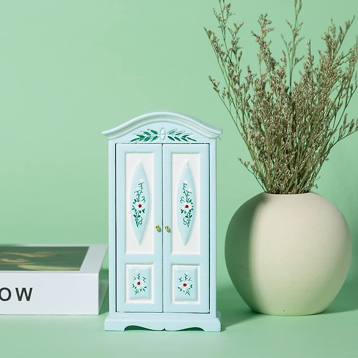 1:12 Scale Miniature Wardrobe Vintage Wooden Double Door Closet Mini Clothes Storage Cabinet Armoire Mini House Bedroom Furniture