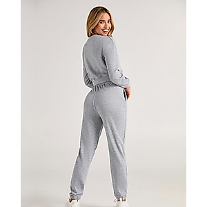 BTFBM Women 2 Piece Outfits Long Sleeve Crop Top Pullover Drawstring Pant Jogger Set Casual Sweatsuits Tracksuit Pockets(Grey, Small)