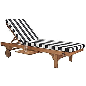 SAFAVIEH Outdoor Collection Newport Natural/ Black & White Stripe Cushion Built-in Side Table Adjustable Chaise Lounge Chair
