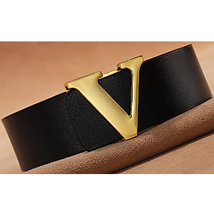 Yuangu Men's Classic Gold/Silver V-Buckle Design Soft Calfskin Belt (Black Gold, 105cm/41.3inch(30-36))