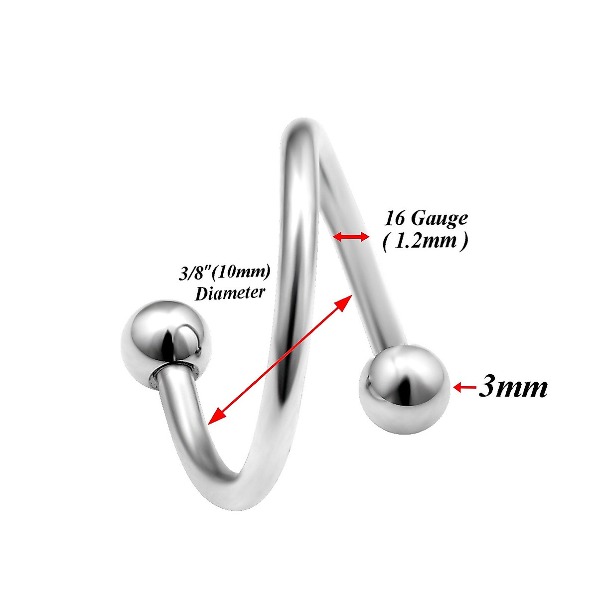 bodyjewellery 4pcs 16g Spiral barbell Cartilage Earring Lip Tragus Eyebrow Hoop Helix Twisted Bar Surgical Steel Studs 3mm Balls - 10mm