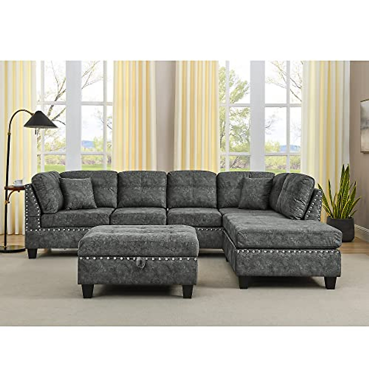 UBGO Furniture, L-Shape Set,Modern Upholstered Living Room Sectional Reversible Chaise,Couches Sofas for Large Space Dorm Apartment-Gray