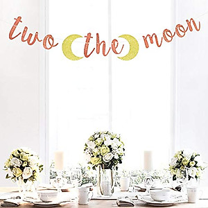 Rose Gold Glitter Two the Moon Banner - Cheers to 2 Years Bunting Sign- Sweet Baby Girl/Sweet Baby Boy/Baby Shower/Happy 2nd Birthday Party Decorations Supplies for Child (Pre-Strung)