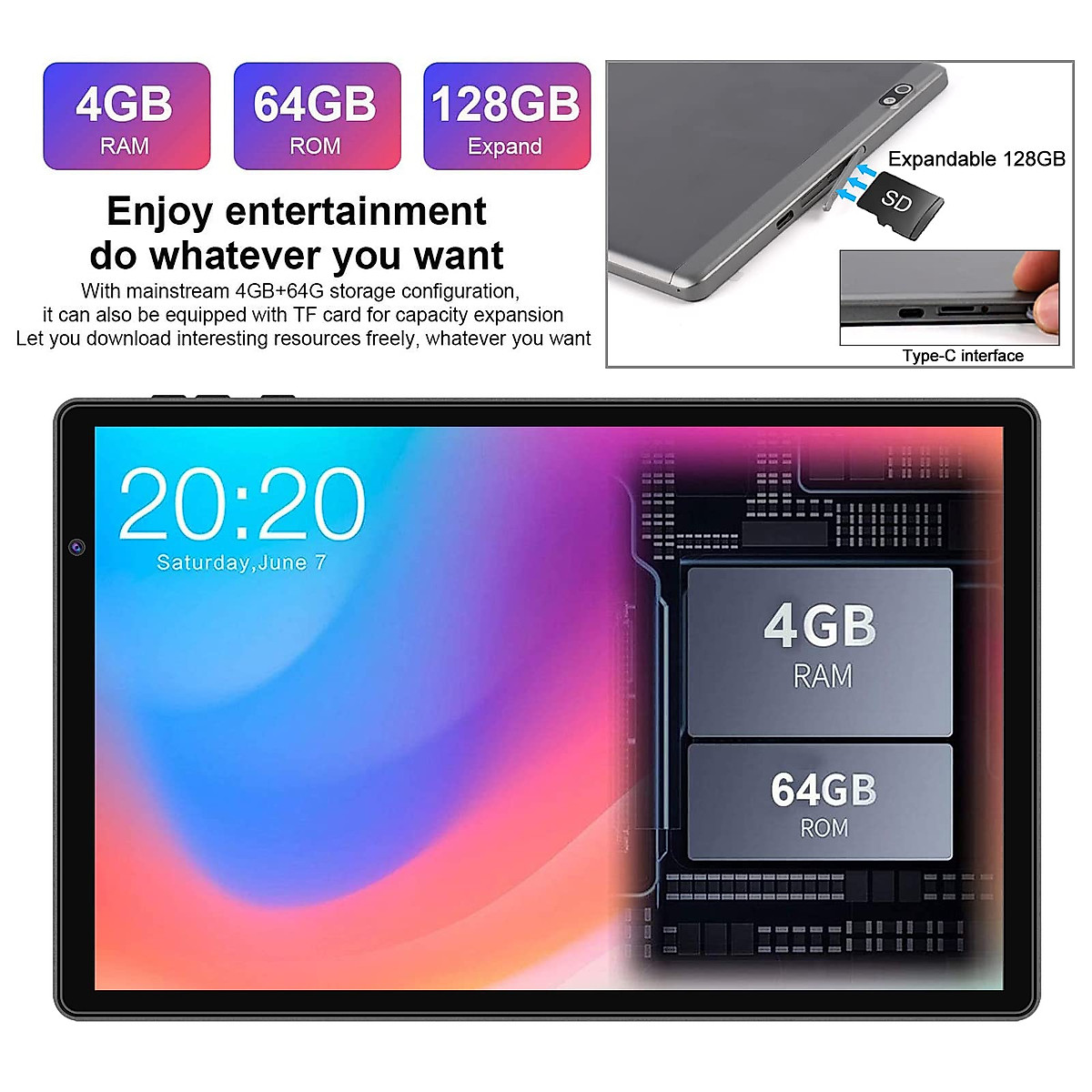 FACETEL 10 inch Tablet Android Tablet with Keyboard 2 in 1 Tablet 4GB RAM 64GB ROM TF 128 GB, 8000mAh, FHD, Dual Camera, WiFi Bluetooth Tablet with Mouse, Grey