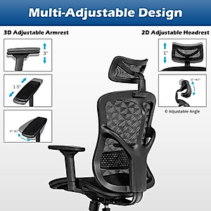 Ergonomic Office Chair, High Back Office Chair with Adjustable Lumbar Support Comfortable Thick Cushion Computer Desk Chair Wide Headrest & Reclining Task Chair 3D Armrest Ergonomic Chairs