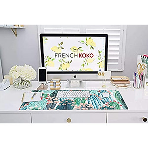 French Koko Large Mouse Pad Long Desk Mat Keyboard Pad Desktop Accessories Home School College Decor Supplies Pretty Extended Mousepad Big Office Essentials Women Girls XL Plant Pink Green Cute Cactus