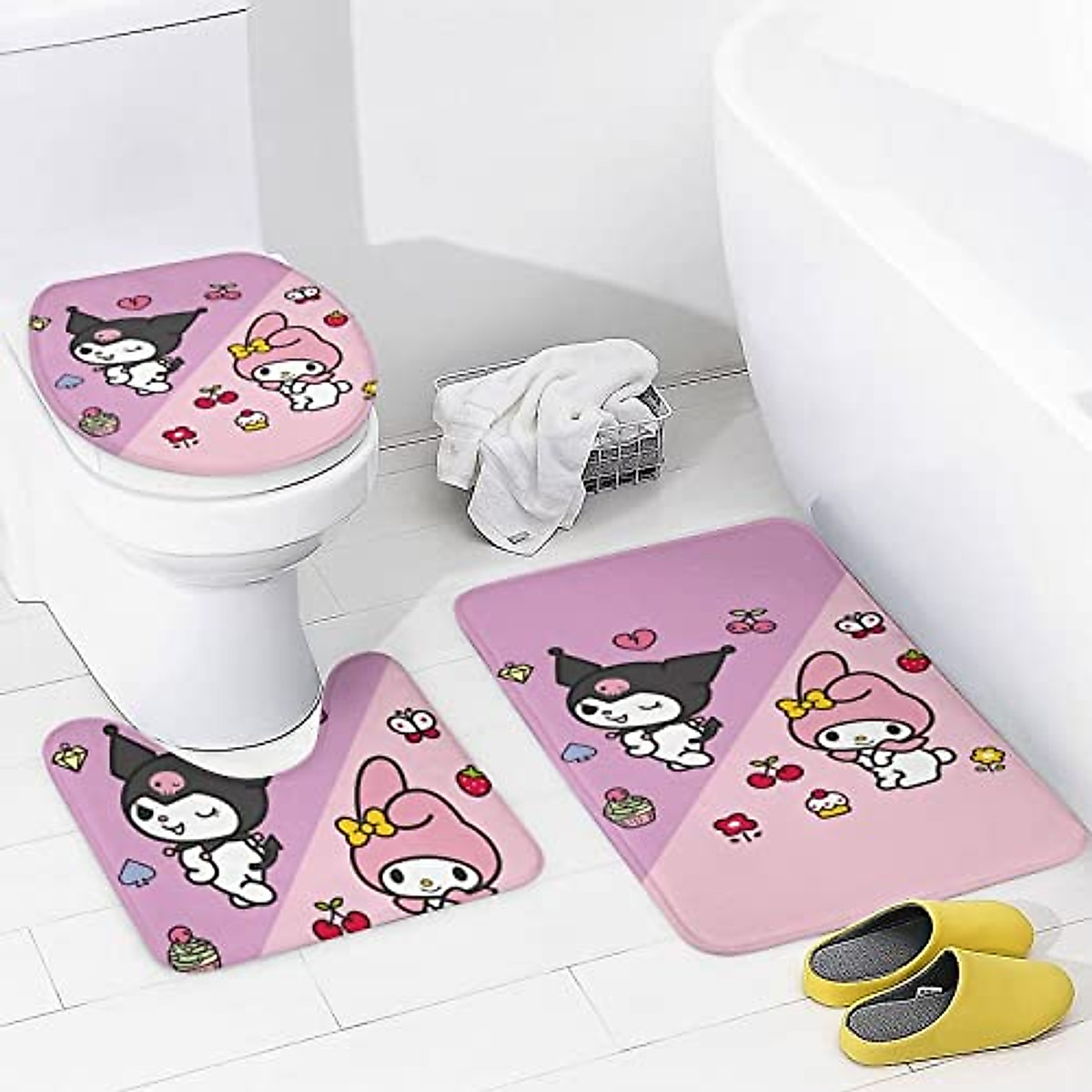 fmsnupz 4PCS Anime Shower Curtain Set, Cute Bathroom Decor with Non-Slip Rugs, Toilet Lid Cover and Bath Mat, Waterproof Fabric Shower Curtains with 12 Hooks, 70.8"x70.8"