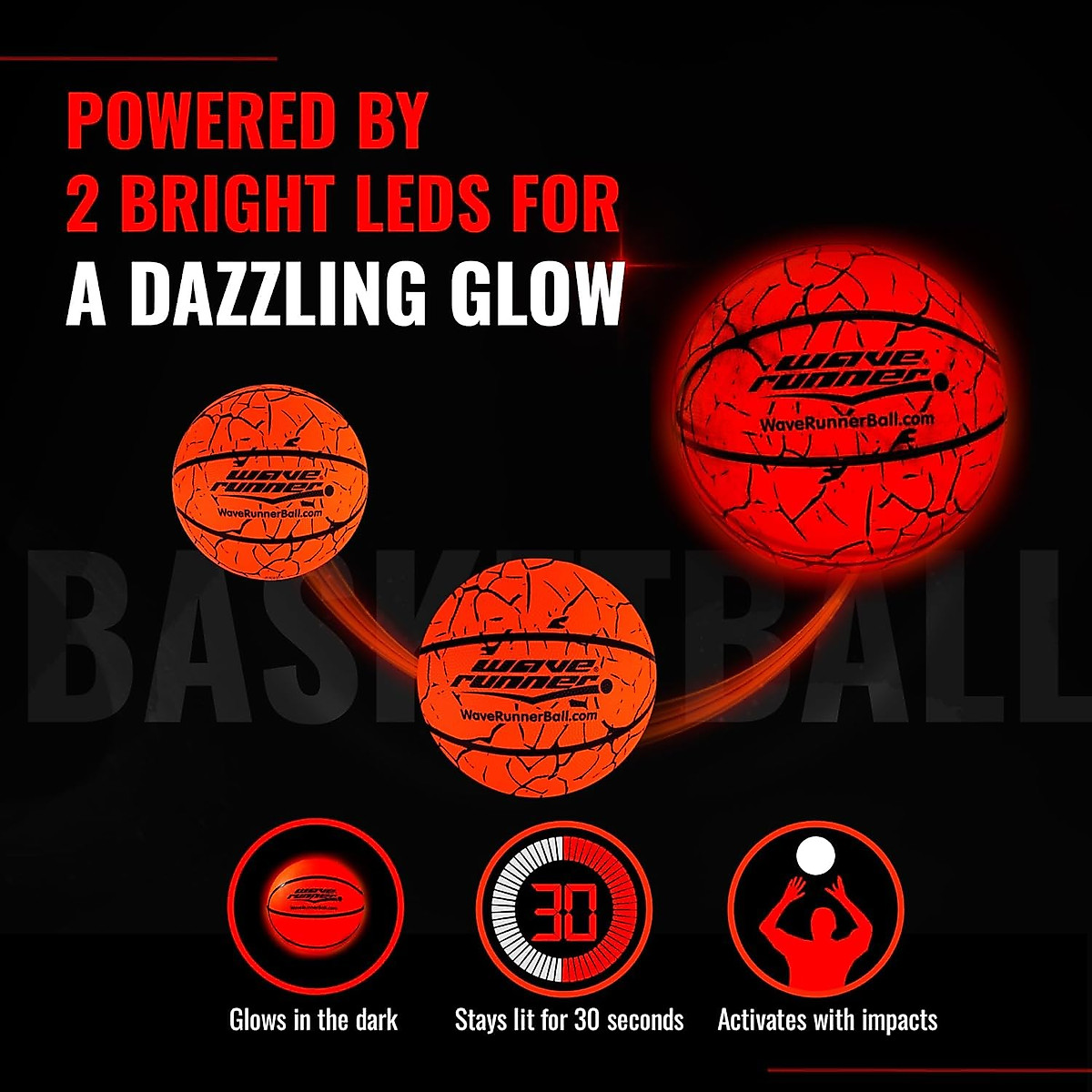 Wave Runner Glow in The Dark Basketball -Official Size 7 Light Up Toys for Night Ball Games, Regulation Size, Tap Activated - Ideal Glow Basketball Gifts and Toy Basketball (Orange w/Cracks)