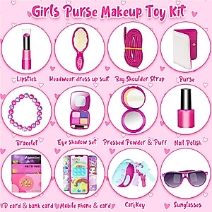 Mozok Kids Makeup Kit for Girl, 15 Pcs Princess Pretend Makeup Play Purse Set with Accessories, Kids Dress Up Purse Girl Toys for 3 4 5 6 7 8 9 10 Years Old Little Girls Toddlers Birthday Gifts