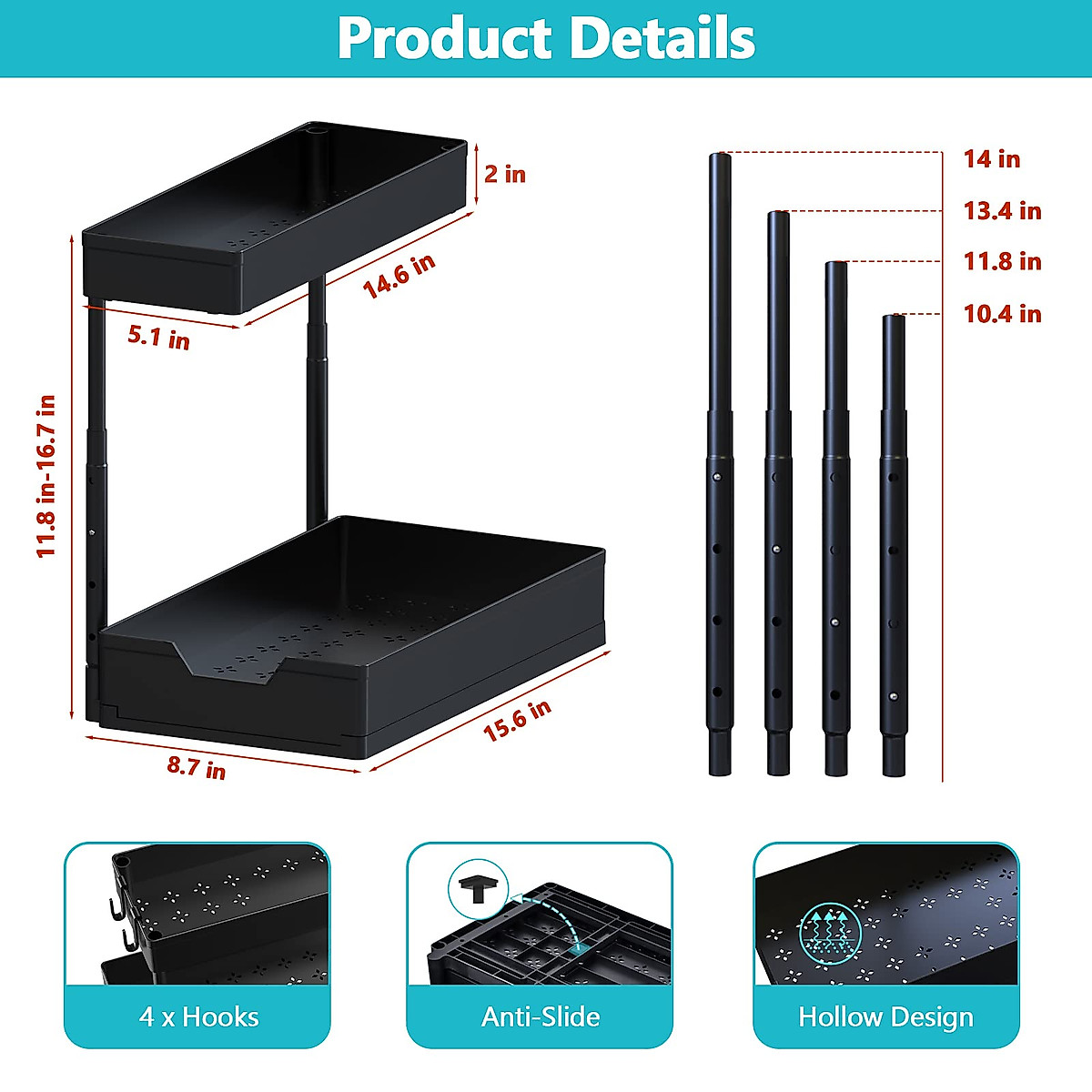 PUWEER 2 Pack Pull-out Under Sink Organizers and Storage, Under Kitchen Bathroom Cabinet Organizer with Hooks, Adjustable Height Multi-purpose Under Sink Shelf Organizer