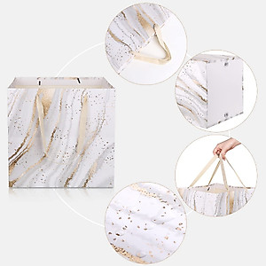 Yerpkefey 11.8" Large Gift Bags，Square Reusable Gift Bags Large for Birthday Wedding Christmas Presents Doll (White Gold)