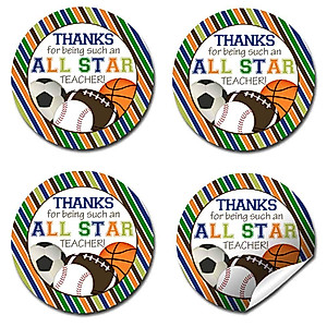 All Star Teacher Sports Themed Teacher Appreciation Thank You Sticker Labels, 40 2" Party Circle Stickers by AmandaCreation, Great for Envelope Seals & Gift Bags