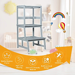 Costzon Kids Kitchen Step Stool with Safety Rail, Toddler Kitchen Stool w/Solid Bamboo Construction, Child Stand Helper for Kitchen Bathroom Living Room, Perfect for Toddler from 18-36 Months (Grey)