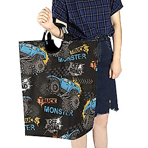 susiyo Abstract Monster Truck Car Laundry Basket Collapsible Laundry Hamper Foldable Dirty Clothes Bag Large Storage Basket with Handles for Kid Room Toy Bin Bathroom Clothing Organizer