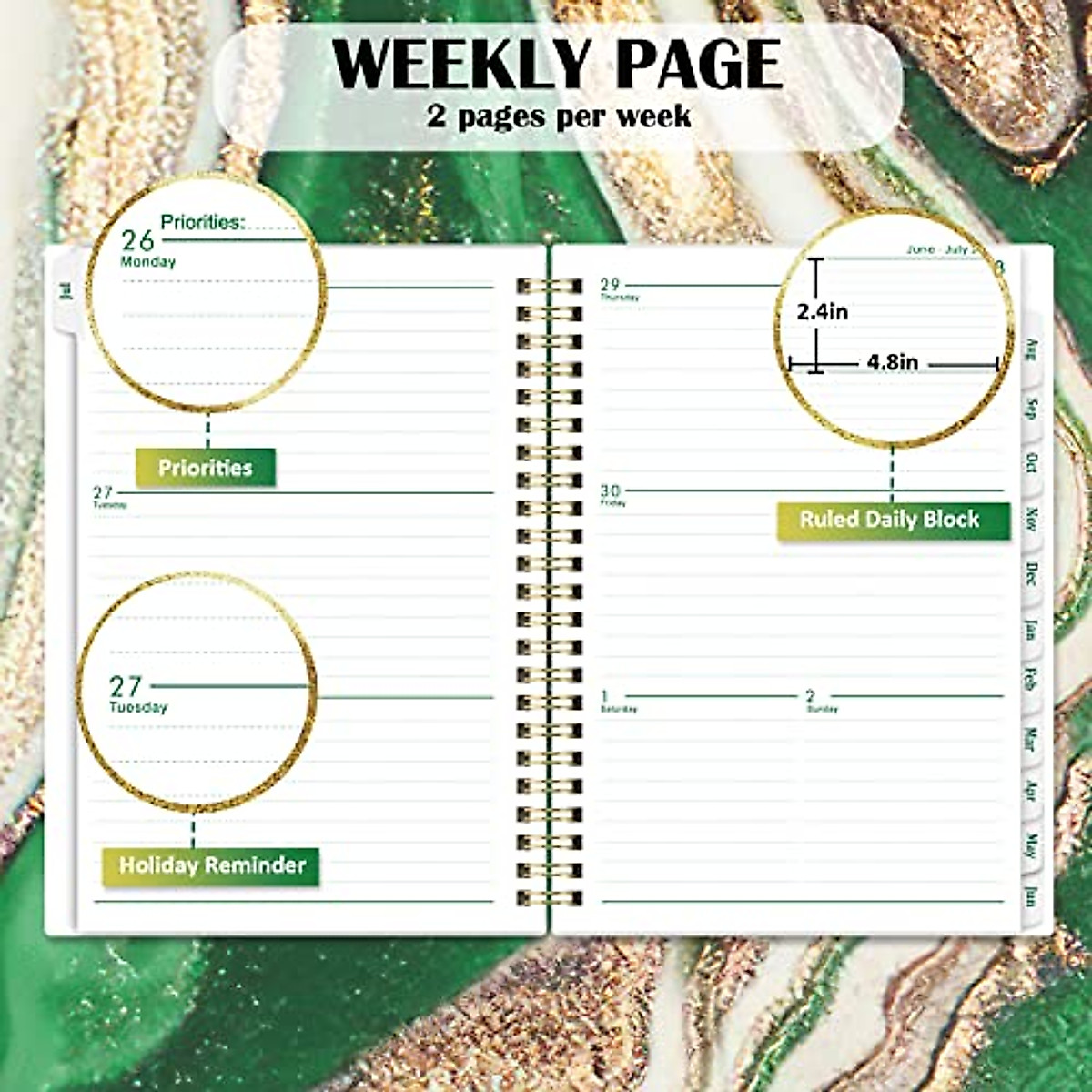 Planner 2023-2024 - 2023-2024 Academic Planner with Tabs, July 2023 - June 2024, 6.3" x 8.4", Academic Weekly and Monthly Planner 2023-2024 with Back Pocket + Thick Paper + Twin-Wire Binding - Green Gliding