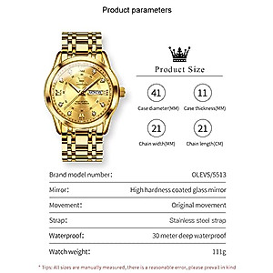 OLEVS Gold Watches for Men Luxury Stainless Steel Man Watch Roman Numerals Gold Men's Wrist Watch Waterproof Dress Analog Big Face Easy to Read Reloj De Hombre