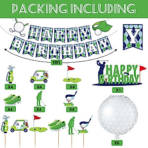 Containlol 32 Pieces Golf Birthday Party Supplies Decor Kits Golf Theme Happy Birthday Banner Golf Themed Cake Toppers Happy Birthday Cake Inserts Golf Aluminum Foil Balloons for Golf Themed Party