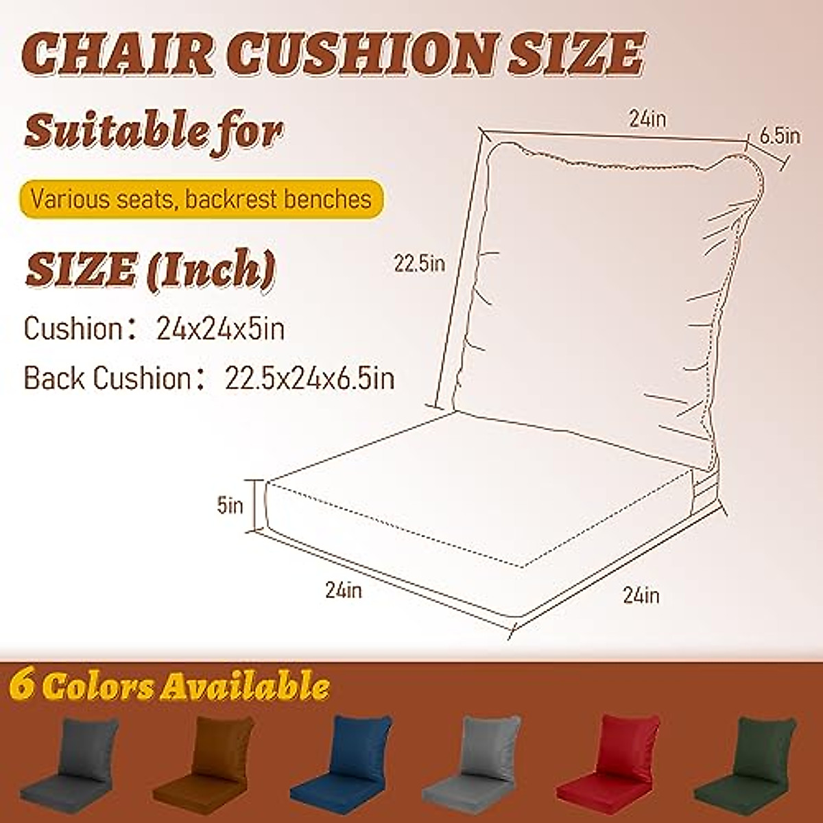 Outdoor Chair Cushions 24 x 24 inches, Soft and Comfortable Patio Furniture Cushions with Removable Cover,Outdoor Deep Seat Cushions and Cushion for Chairs, Sofas and Other Multiple Scenes. (Brown)
