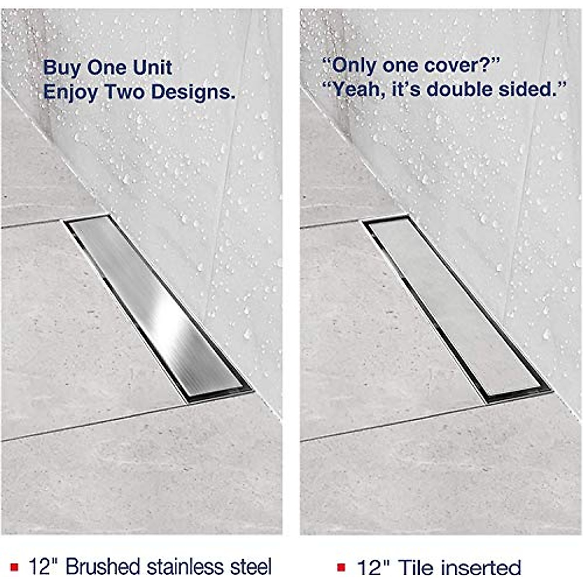Neodrain 12-Inch Linear Shower Drain with 2-in-1 Flat & Tile Insert Cover, Brushed 304 Stainless Steel Rectangle Shower Floor Drain,Floor Shower Drain with Hair Strainer