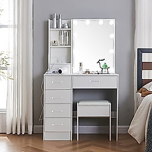 saicheng Modern Vanity Table Set with Stool, White Makeup Dressing Table with Sliding Lighted Mirror 10 Bulbs, Dresser Desk with 5 Storage Drawers