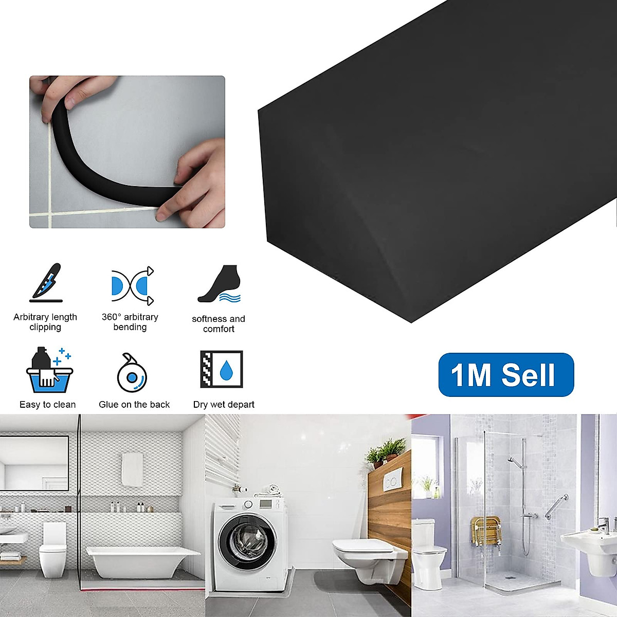 Shower water guard, Self adhesive shower water dam right angle water stopper shower Collapsible, Corner Water Strip Dam for Countertop to keep water Inside 0.71''Hx 0.86''W (39inch, black)