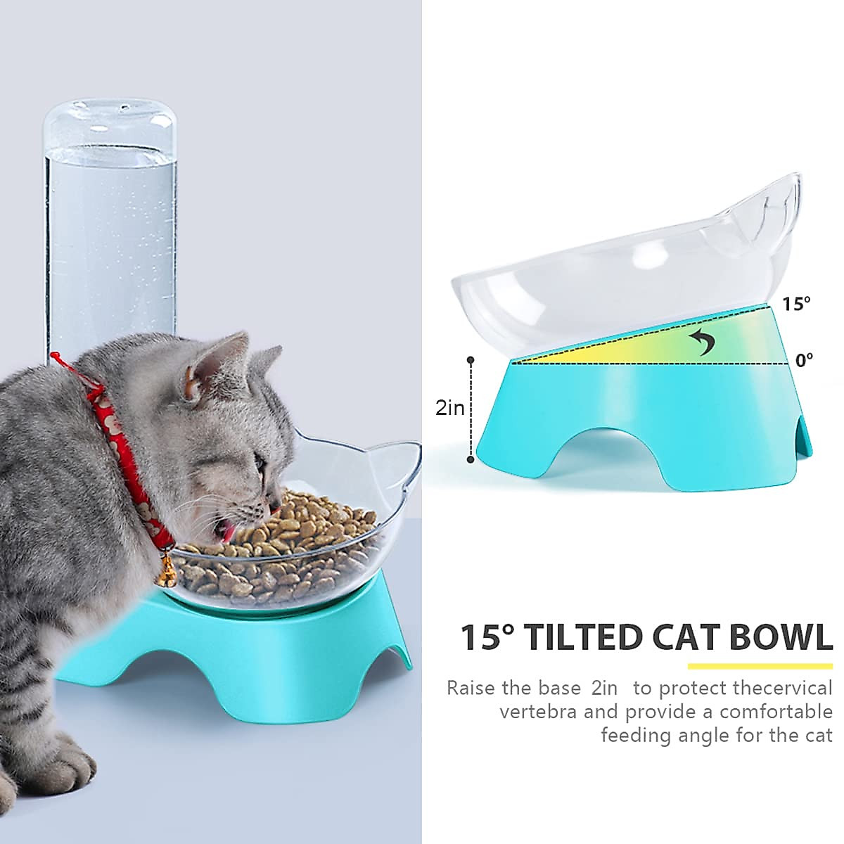 MILIFUN Double Dog Cat Bowls - Pets Water and Food Bowl Set, 15°Tilted Water and Food Bowl Set with Automatic Waterer Bottle for Small or Medium Size Dogs Cats