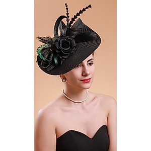 Cizoe Tea Party Hats Fascinators for Women Kentucky Derby Headpiece Peacock Feather Wedding Headware Bridal Headpiece(Black)