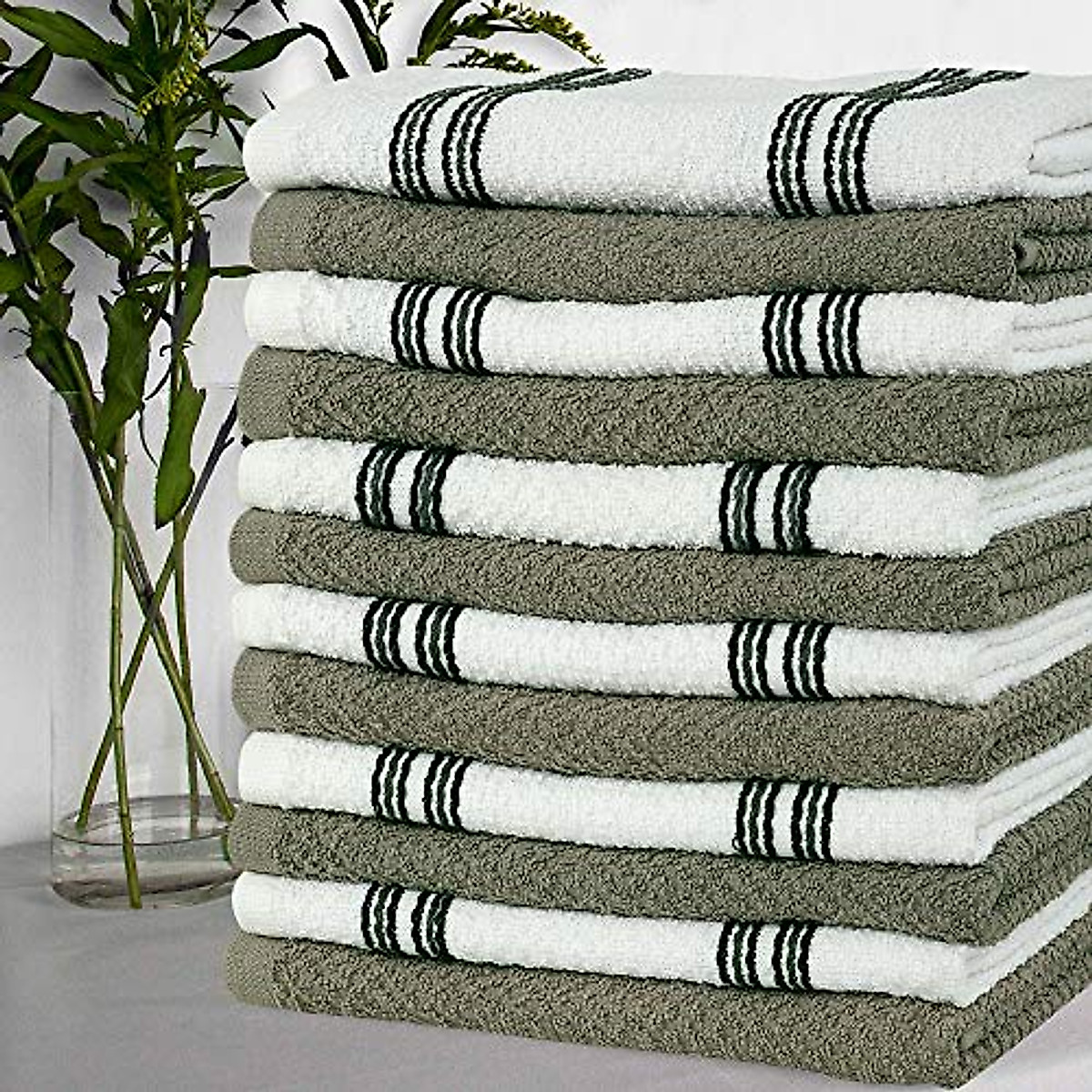 Bliss Casa Kitchen Towels and Dish Cloth Set (12 Pack, 15 x 25 Inch) – 100% Cotton Dish Towels for Kitchen Soft and Highly Absorbent – Tea Towels and Bar Towels for Daily Use (Stripe, Grey)