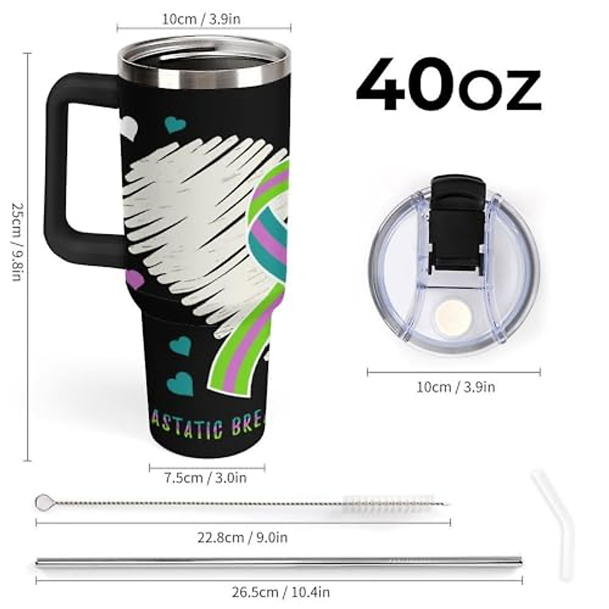 Metastatic Breast Cancer Awareness 3 40 Oz Tumbler with Handle And Straw Lid,Insulated Reusable Stainless Steel Travel Glass Mug 40 Ounces