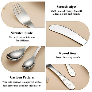 Evanda Toddler Utensils, 4 Pieces Stainless Steel Toddler silverware set, Kids Utensils Forks and Spoons, Mirror Polished Smooth Round Tableware and Dishwasher Safe