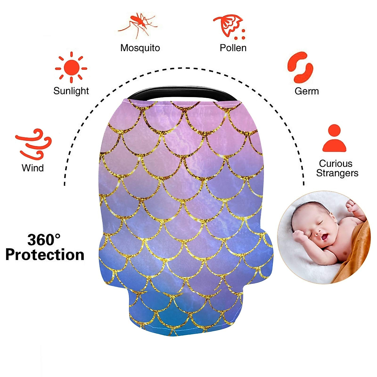 Stretchy Baby Car Seat Covers for Boys Girls Mermaid Fish Scales Infant Car Canopy Nursing Cover Breastfeeding Scarf
