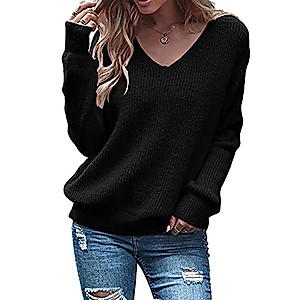 Eurivicy Women's Long Sleeve V Neck Pullover Tops Oversized Chunky Knitted Loose Jumper Sweaters Black