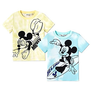 Disney Mickey and Friends Kids Boys Girls Solid Character Print Short-Sleeve Cotton Tees T-Shirts Tops 2PCS Blue&Yellow 9-10Years