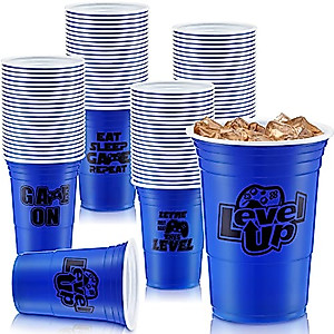 48 Pcs Disposable Video Game Party Plastic Cups, 16 oz Blue Video Game Party Favors Plastic Stadium Cups, Hot Cold Drinks for Kids Gamer Birthday Video Game Party Decorations, 4 Design
