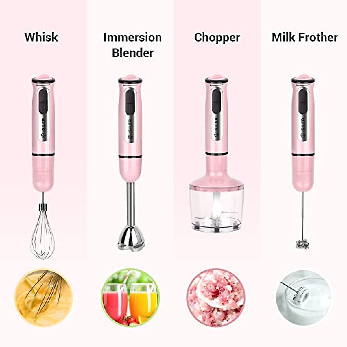 Immersion Hand Blender, ISILER 5-in-1 500-Watt Multi-Purpose Stick Blender with 860ml Food Chopper, 600ml Container, Milk Frother, Egg Whisk, 8-Speed for Puree Infant Food Smoothies Soups Pink